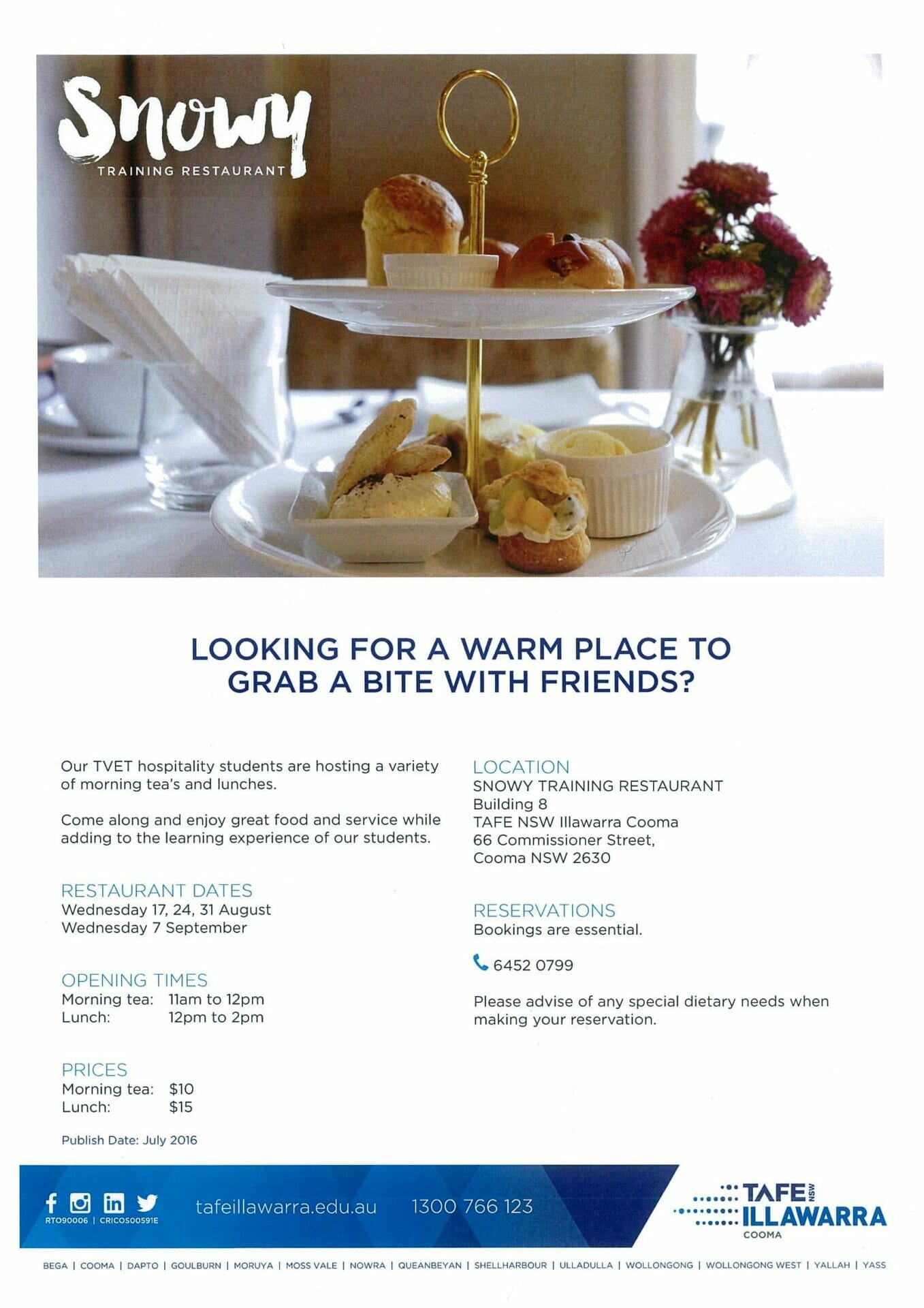 Morning Tea and Lunch @ Snowy Training Restaurant - Visit Cooma