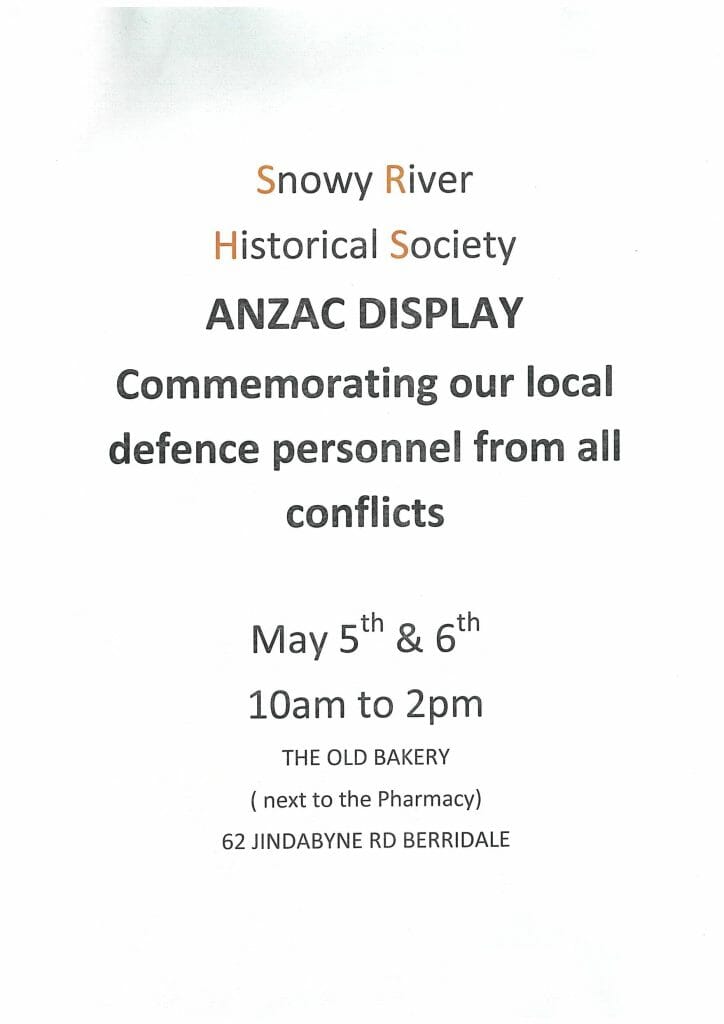 Snowy River Historical Society ANZAC Display in May - Visit Cooma