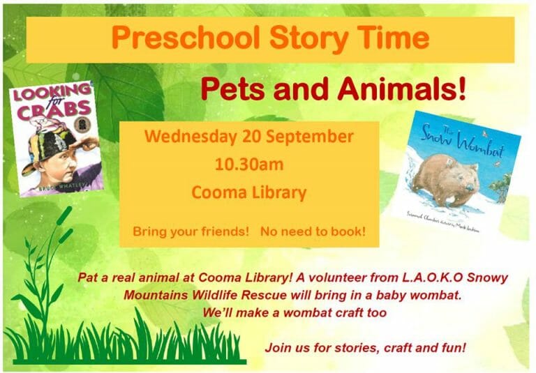 Preschool Story Time PETS & ANIMALS - Bring your friends! - Visit Cooma