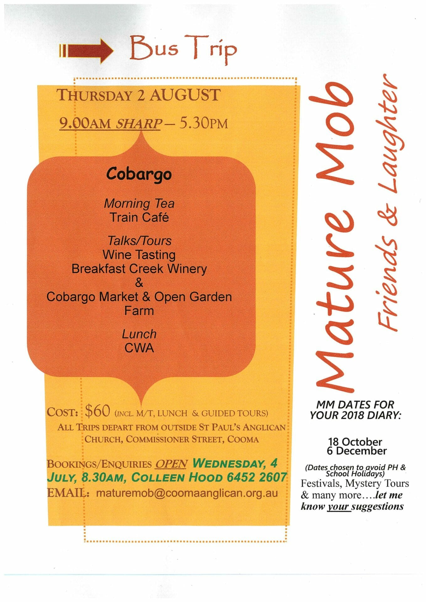 Mature Mob August Bus Trip to Cobargo - Visit Cooma