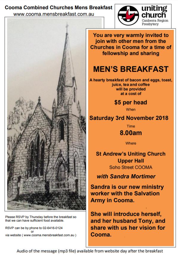 Men's Breakfast November with speaker 'Sandra Mortimer'- Cooma Combined ...