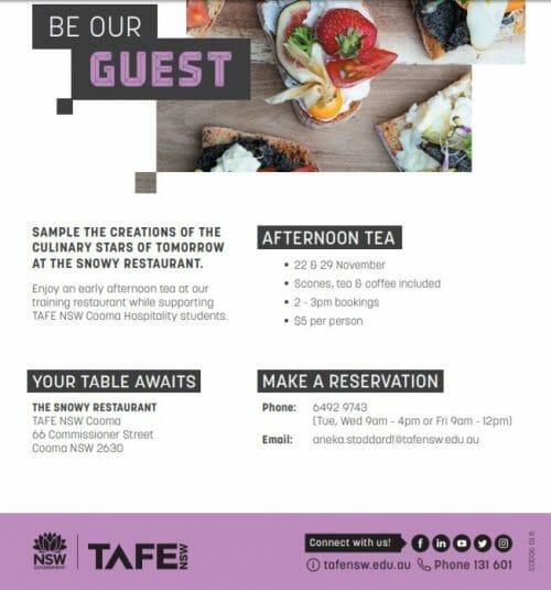 Be Our Guest: Afternoon Tea - TAFE Restaurant - Visit Cooma