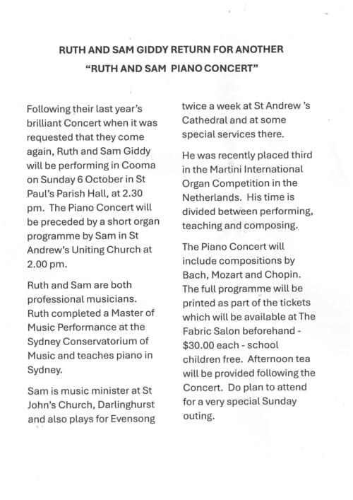 Ruth & Sam's Piano Concert - Visit Cooma