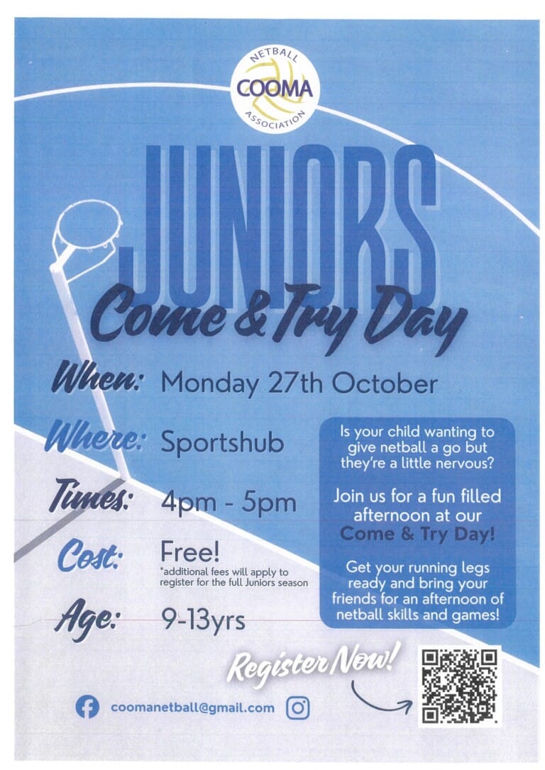Netball: Juniors Come and Try Day @Cooma Regional Sports Centre - Visit ...